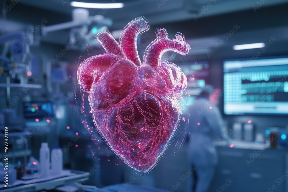 Glowing 3D Heart Hologram in Futuristic Medical Environment A vibrant ...