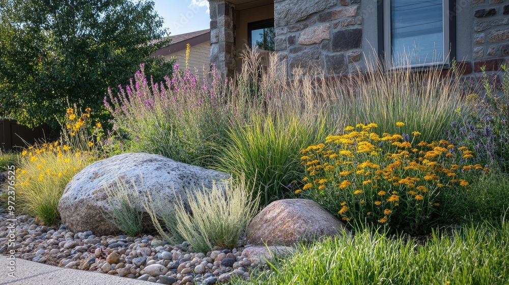 Front yard garden with native grasses, flowering perennials, and a ...