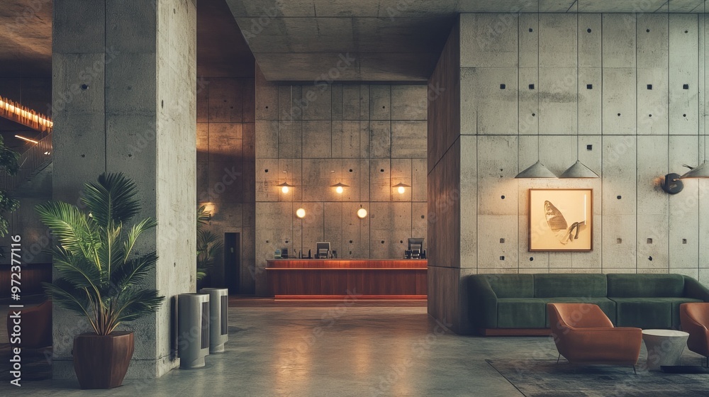 Brutalist hotel lobby with raw concrete walls, industrial lighting, and ...