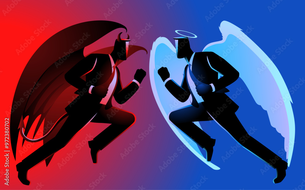 Angel and devil in business suits, symbolizing the clash between ethics ...
