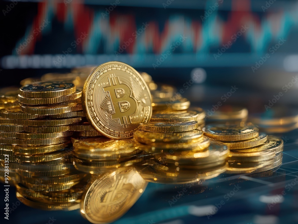 Pile of gold coins reflecting in a glass surface with stock market ...