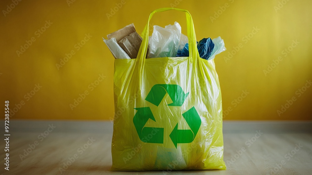 90. Plastic bag with a vivid green recycle sign, holding a mix of ...