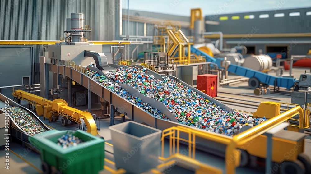 115. Detailed depiction of a waste recycling plant, showing various ...