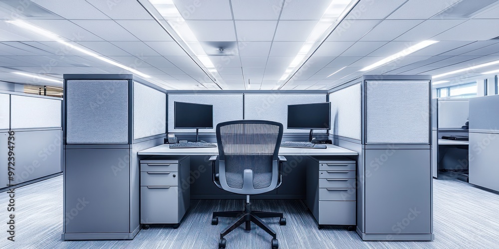 Modern Office Cubicle with a Desk, Two Monitors, and an Office Chair ...