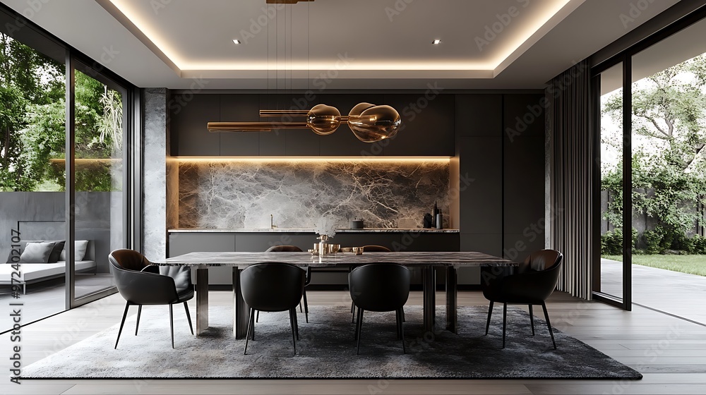 Contemporary dining space with a rectangular marble table, black ...