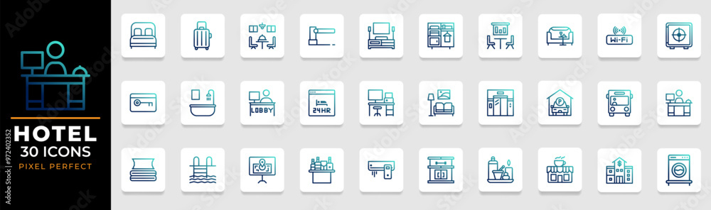 Set of hotel gradient icons. editable stroke collection and pixel ...