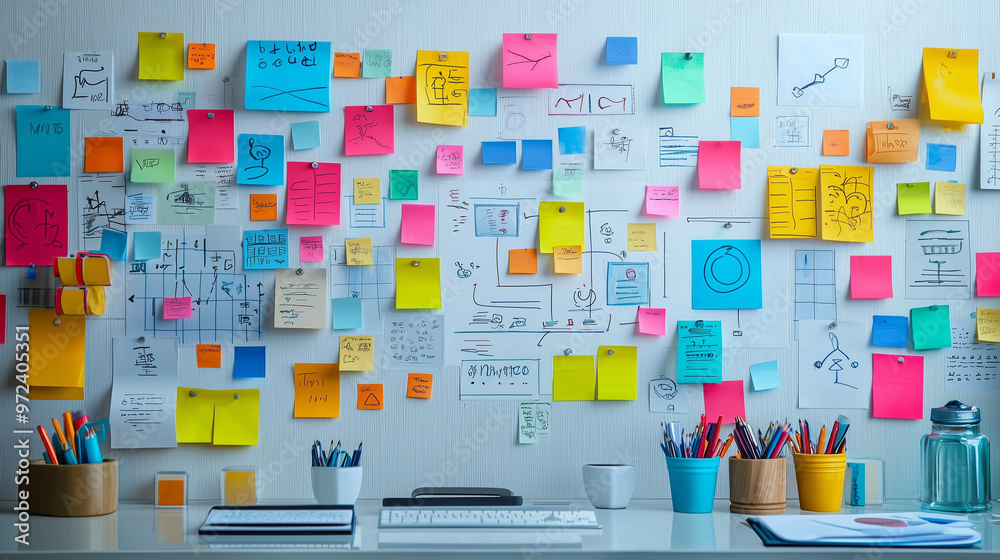 A creative business brainstorming session with sticky notes and mind ...