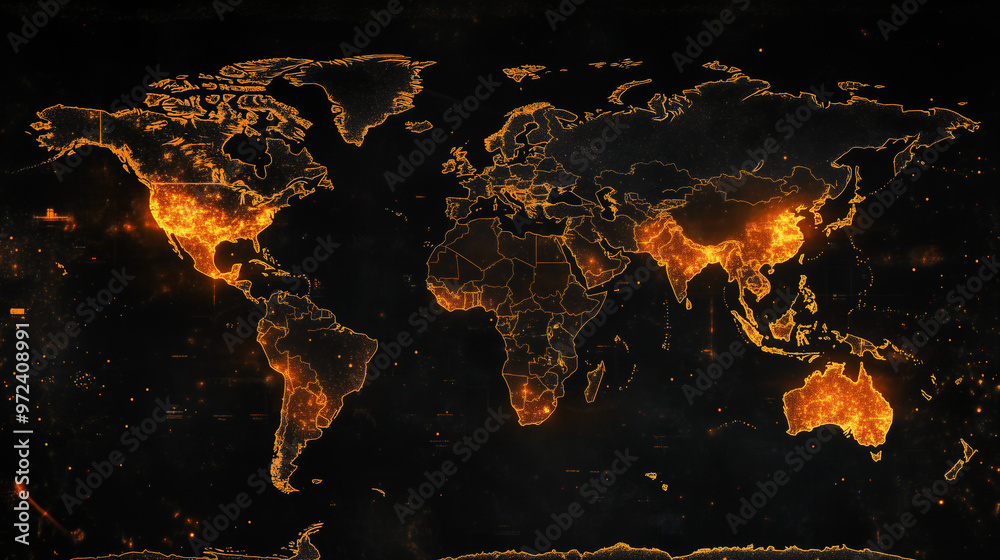 2D flat world map with the background in black and illuminated orange ...