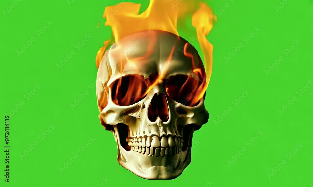 a burning skull creates a striking image on a green screen, ideal for ...