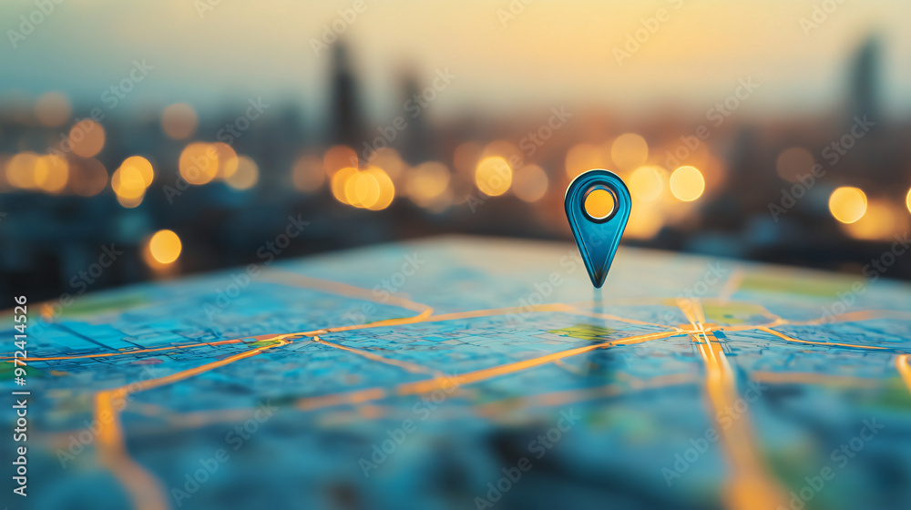 Blue location pin marking a specific point on a city map with city ...