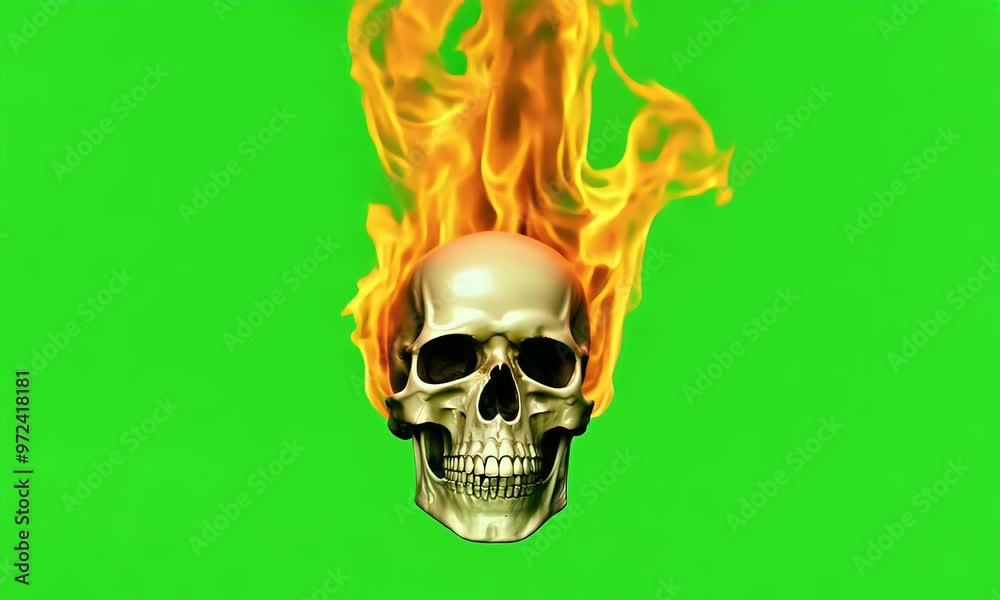 a burning skull ignites the green background, creating a perfect horror ...