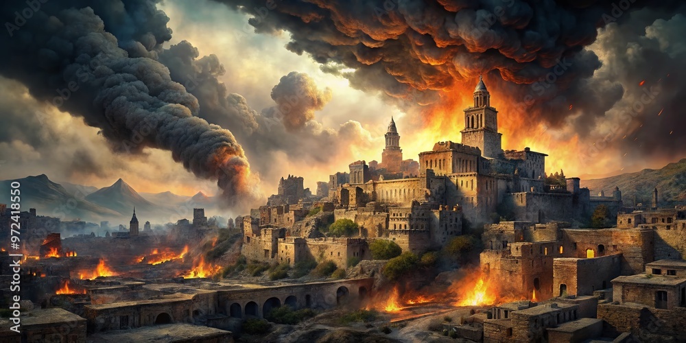 Ancient biblical cityscape in flames, with crumbling stone buildings ...