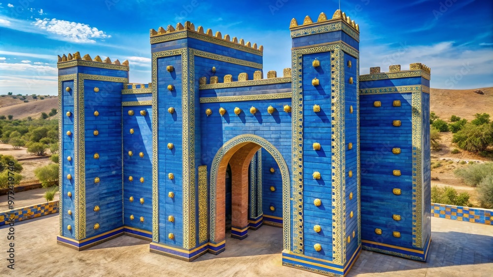 Ancient Mesopotamian ruins of Babylon's Ishtar Gate, with majestic blue ...