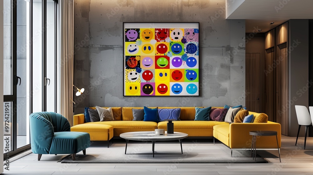 weird strange mixed emoji art on the wall in a modern interior. Concept ...