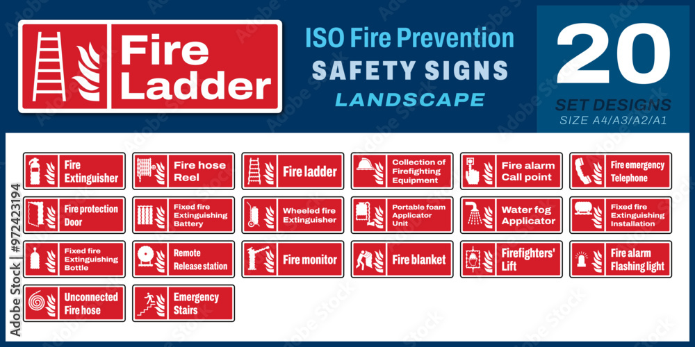 20 set fire prevention safety signs v3 fire ladder landscape size 1/2 ...