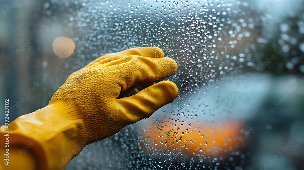 Window cleaner's hand wiping away rain streaks on a large window ...
