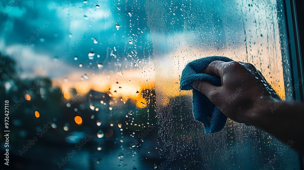 Window cleaner's hand wiping away rain streaks on a large window ...