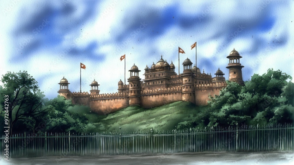 A digital artwork depicting the Red Fort, an iconic Indian monument ...