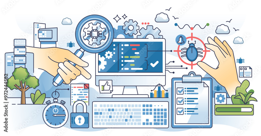 Functional testing and examining bugs in app system outline hands ...