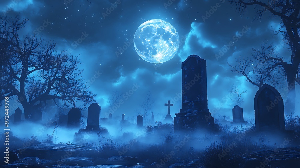 Eerie graveyard silhouette with crooked tombstones, barren trees, and fog swirling around, set ...