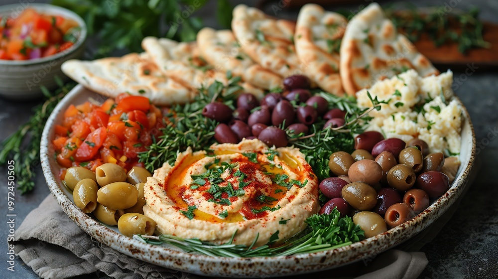 Colorful Mediterranean mezze platter with hummus baba ganoush olives and pita bread arranged ...