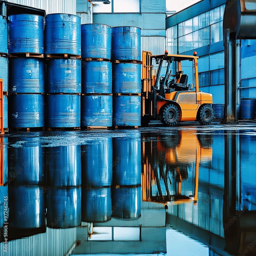 Forklift wheel lifts chemical drums oil barrels blue chemical drums ...