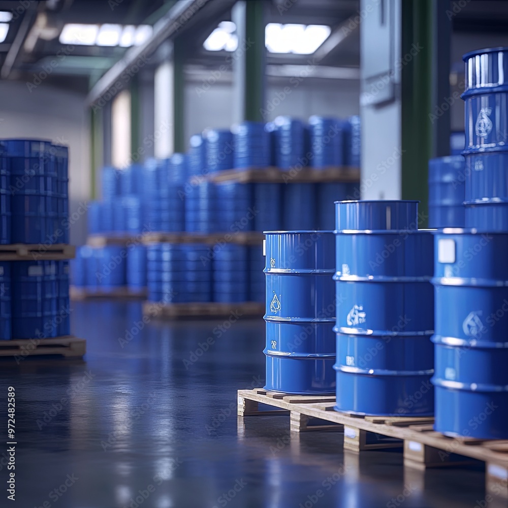 Warehouse of chemistry. Blue barrels on pallets. Tanks with flammable ...