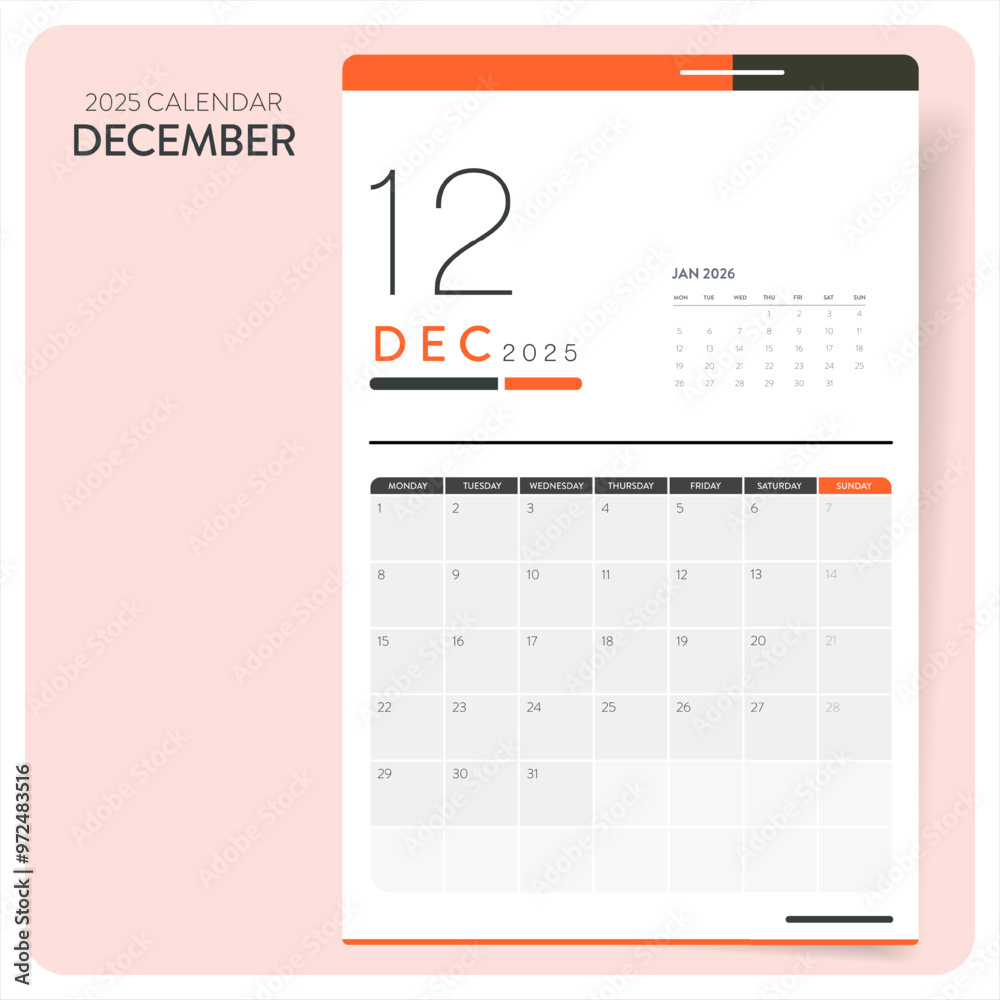 Calendar December 2025 template vector. Desk, wall calender for print ...