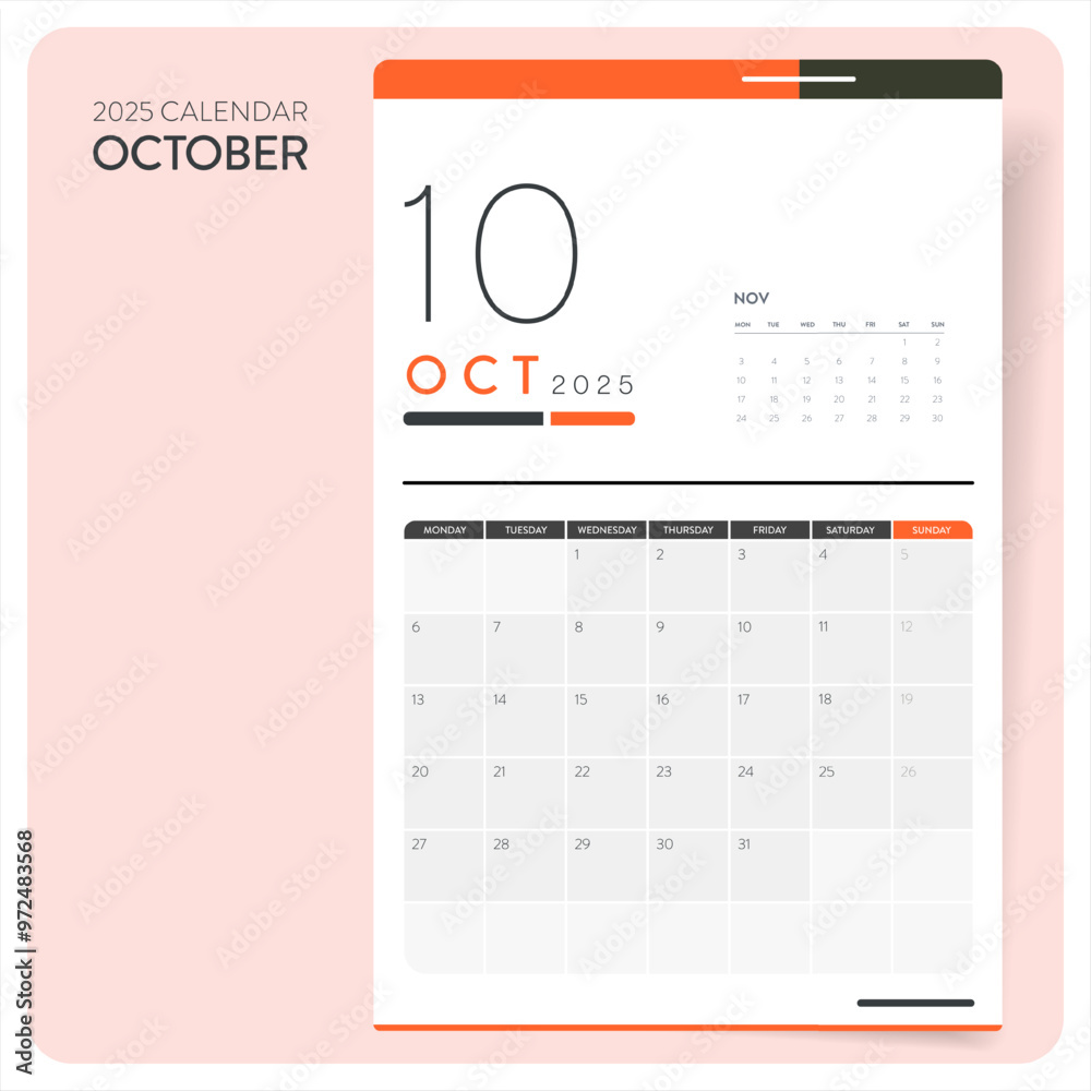 Calendar October 2025 template vector. Desk, wall calender for print ...