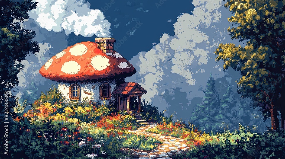 A pixel art dreamscape with a giant pixelated mushroom house, smoke ...