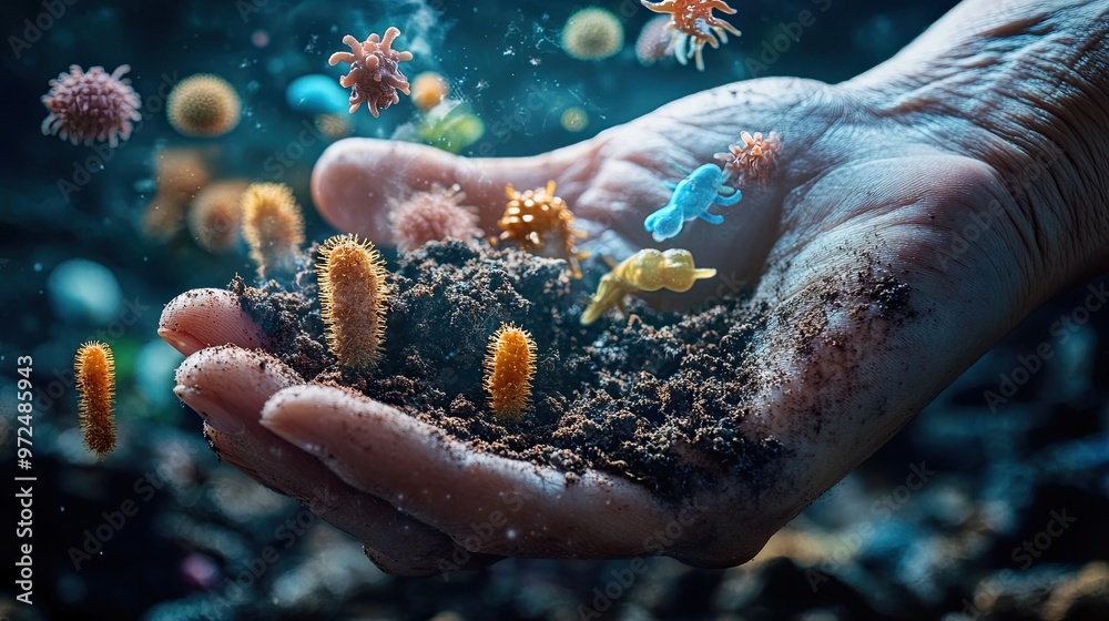A human hand holding a handful of soil, contrasted with a microscopic ...