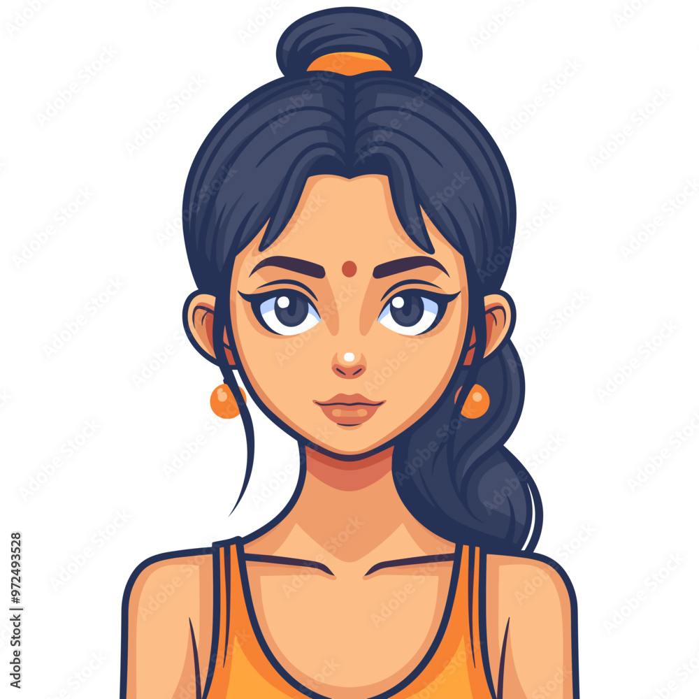 Beautiful Indian Woman Face Vector Illustration In Cartoon Style