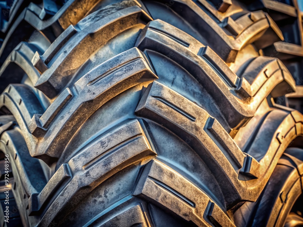 Close-up of a rugged tractor tyre showcasing intricate tread pattern ...