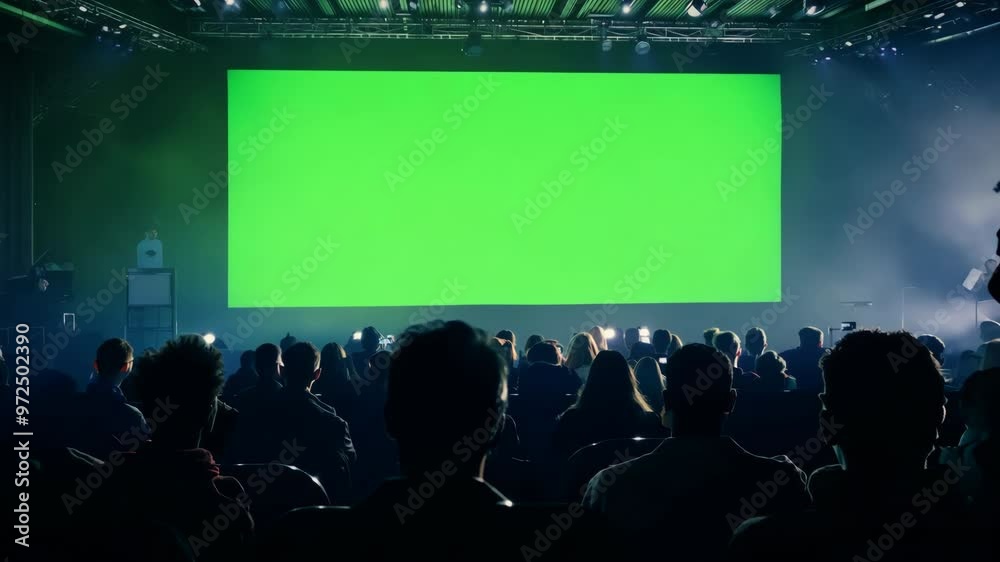 People sitting in cinema, dark hall watching film, movie. Large green ...