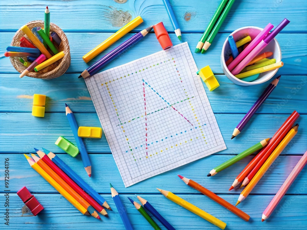 Colorful alphabet tracing worksheet with crayons and pencils scattered ...