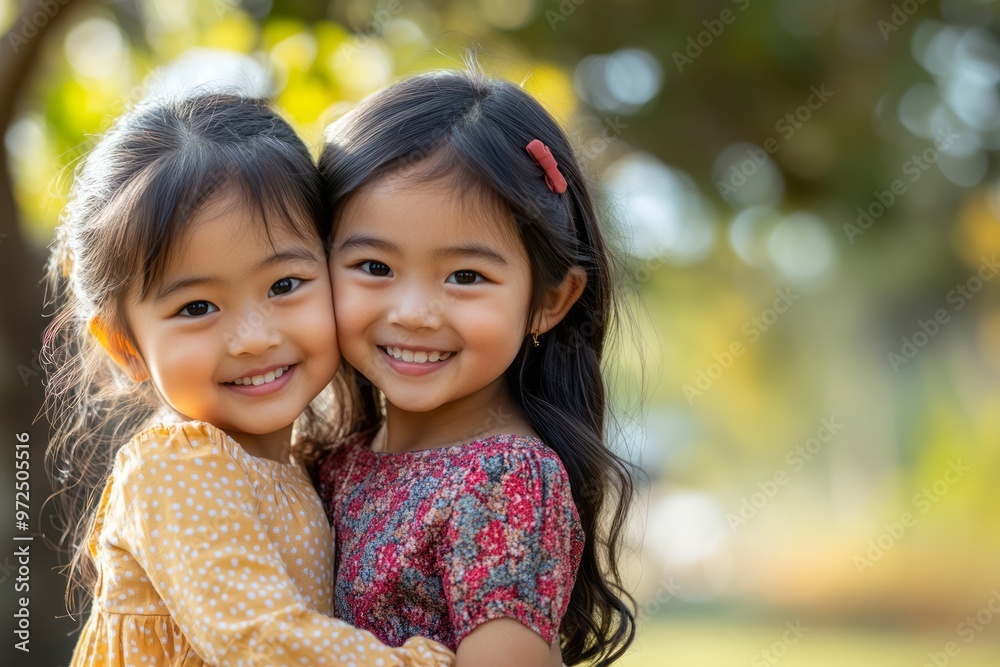 Cute happy Asian siblings hugging cuddling feeling love and connection ...
