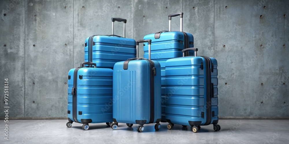 Large, blue suitcases with wheels and retractable handles stacked on a ...
