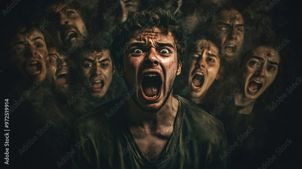 Man is screaming surrounded by screaming faces in the dark, expressing ...