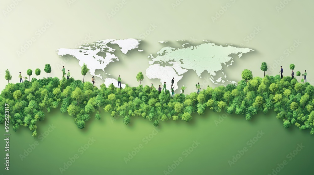ภาพประกอบสต็อก Global reforestation movement. Forests regrowing across ...