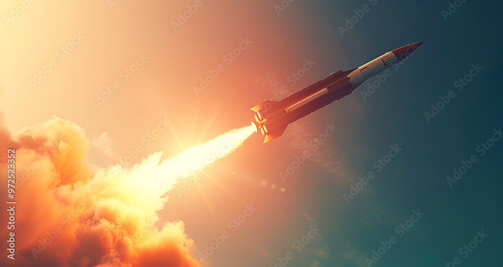 ภาพประกอบสต็อก Rocket Sky Photos, Giant Rocket Piercing Through Sky ...