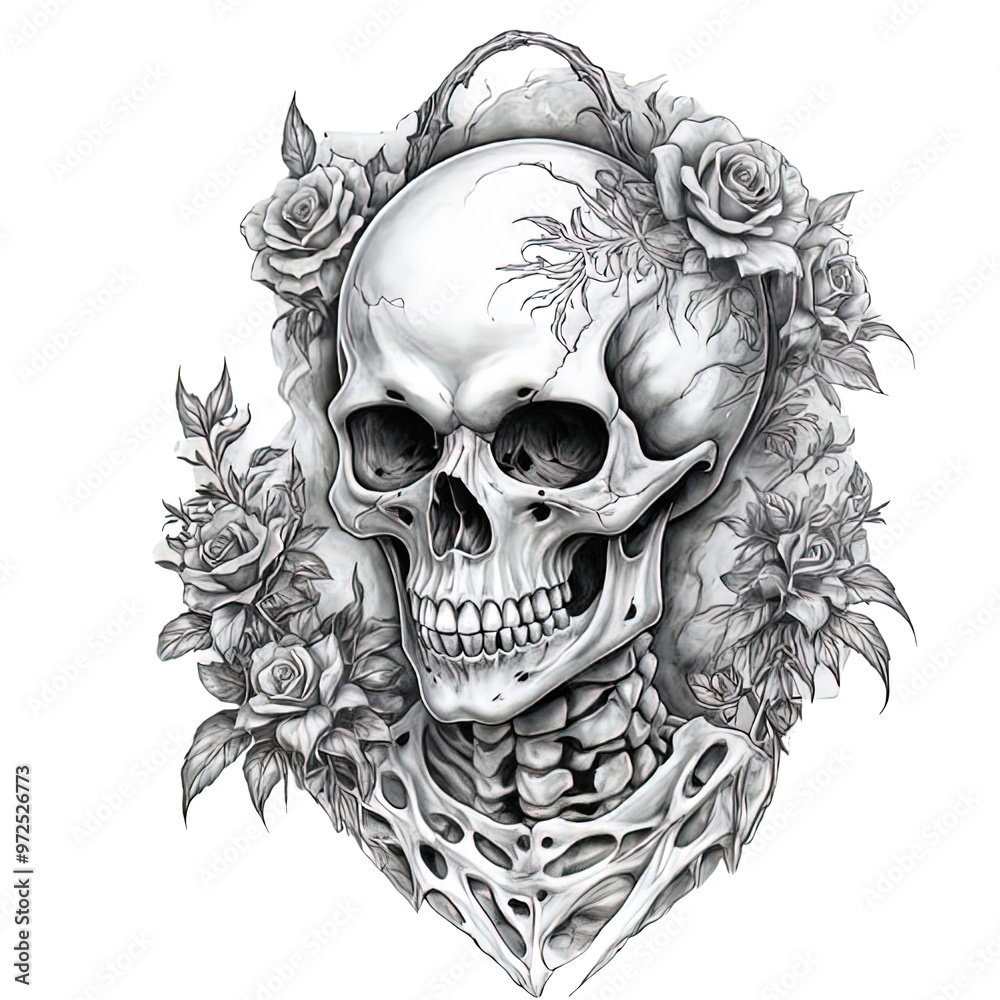 Scary skeleton tattoo drawing in black and white, featuring intricate ...