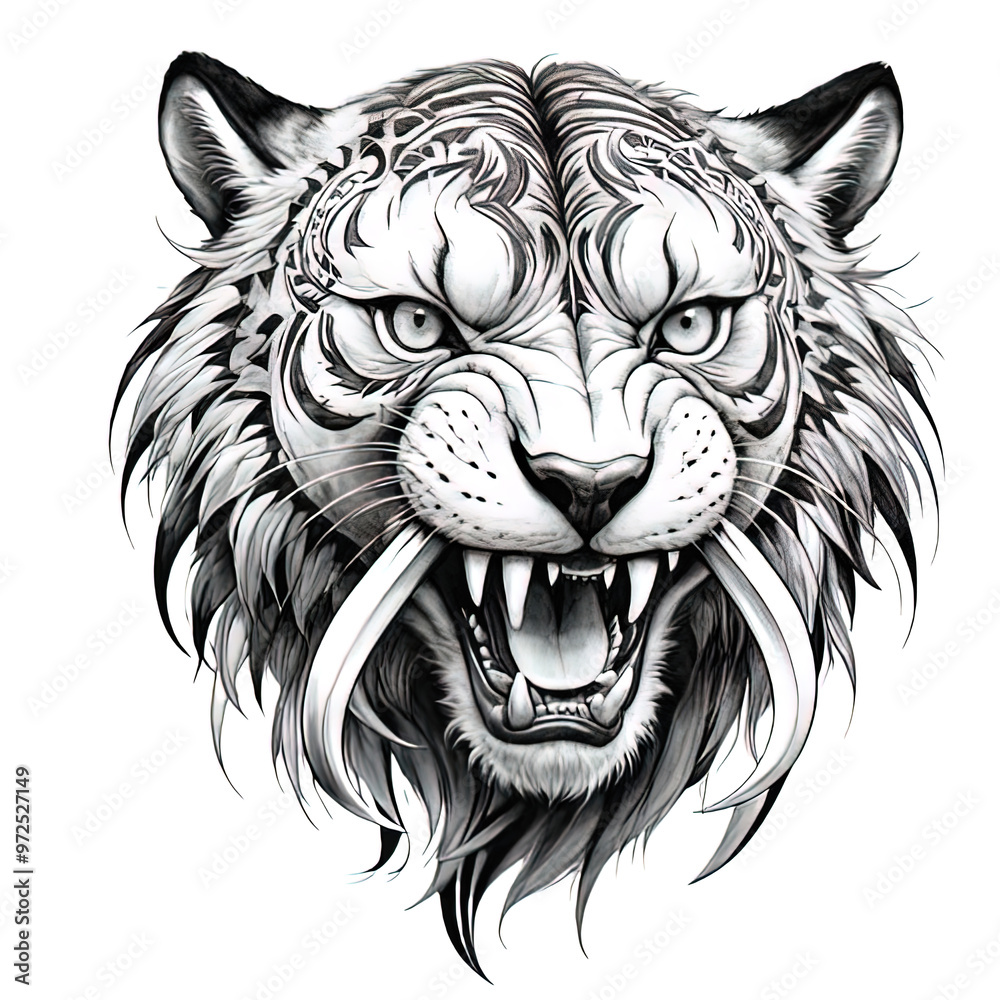 Tribal saber-tooth tiger tattoo design in black and white, showcasing ...