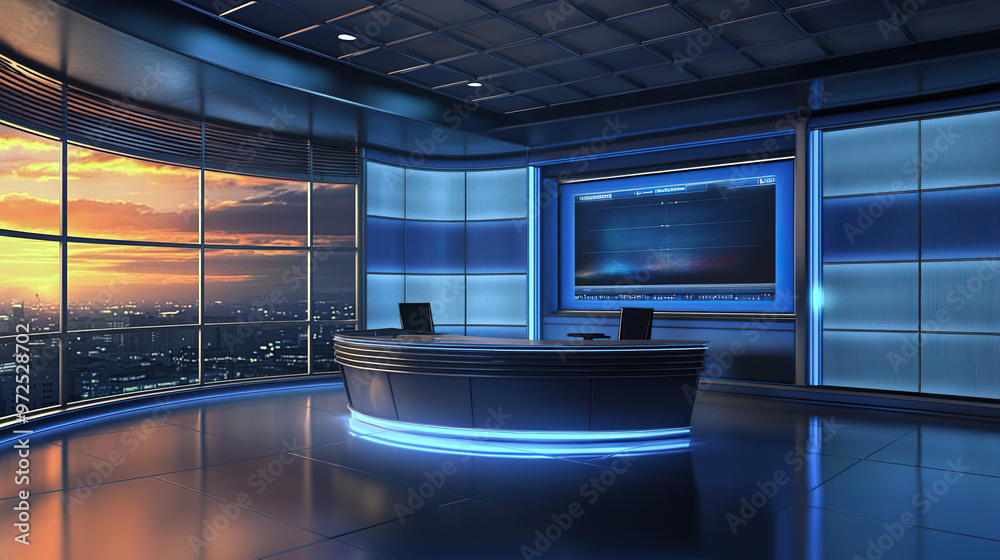 Modern TV news set with sleek design, bright lighting, and large ...