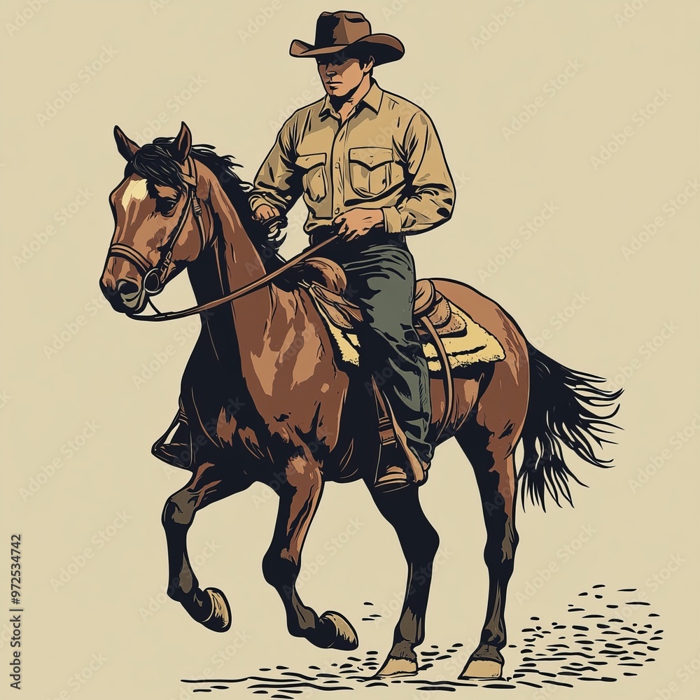 Animated cartoon illustration of a Cowboy galloping on a horse in an ...