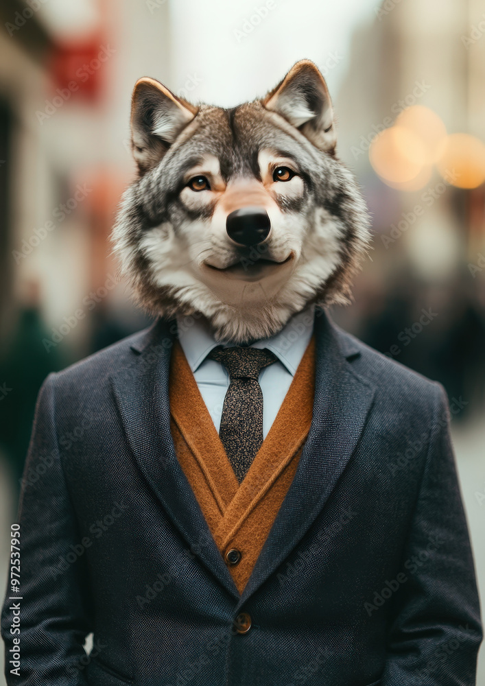 Wolf in a tailored suit, posing on a busy street corner, full frame ...