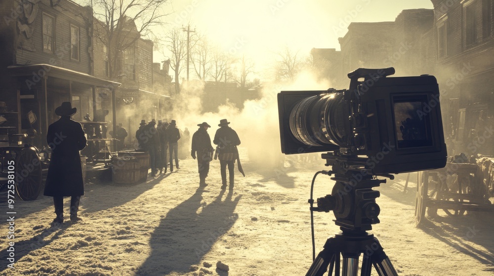 The film crew captures actors in period costumes and vintage props in a ...