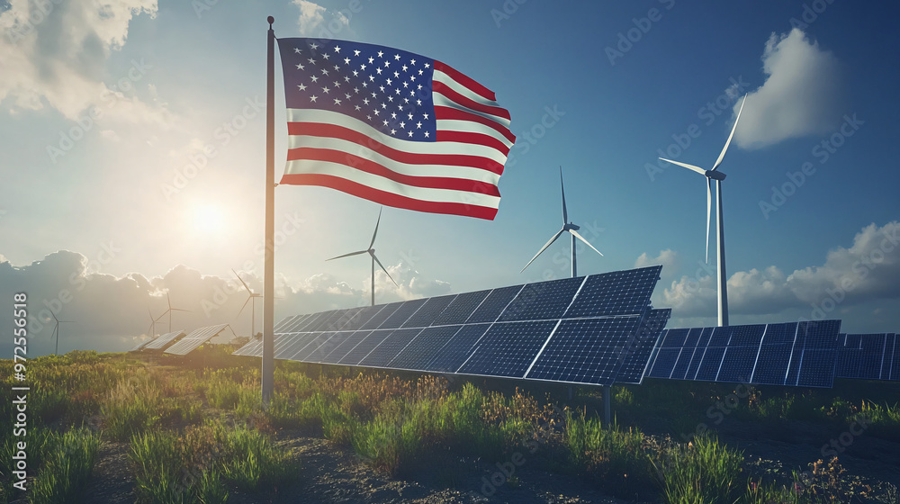 American flag waving over a solar farm at dusk, representing the shift ...