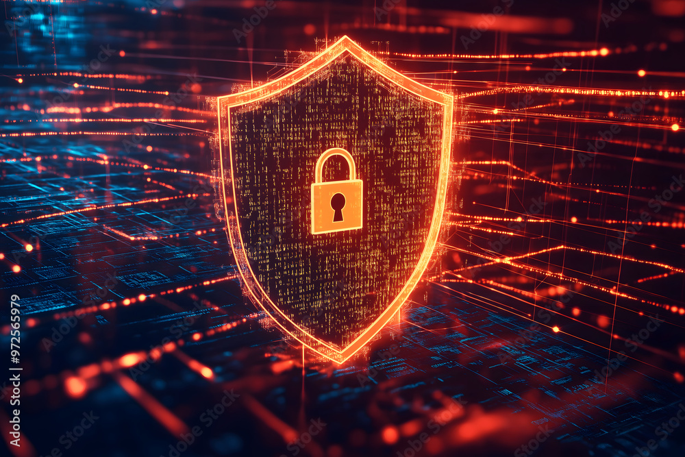 Cybersecurity representation with a large, glowing shield icon with a lock symbol at its center ...