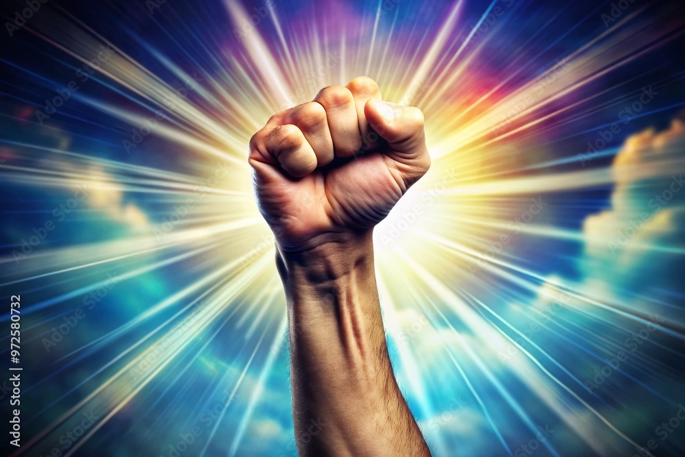 Euphoric feeling of achievement captured as a strong arm raises in a ...