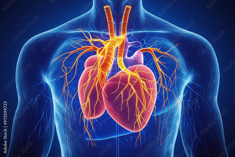 A diagram of a human heart with arteries highlighted, showing the areas ...